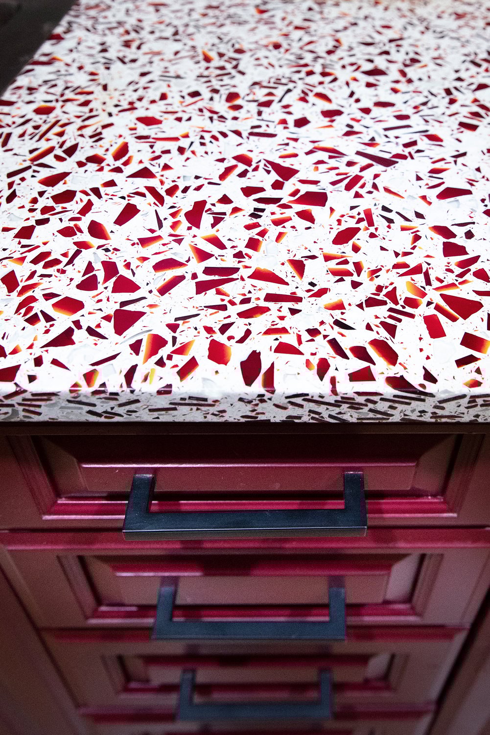 RED RECYCLED GLASS COUNTERTOPS Wow In This Designer’s Luxe Wine Room Design